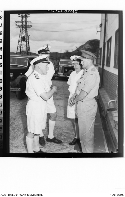 Hiro, Japan. August 1952. Admiral Sir Rhoderick McGrigor (left), First ...