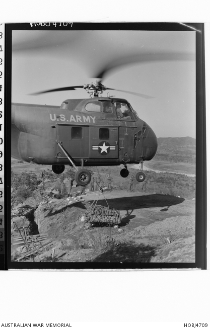 Korea. December 1953. American Sikorsky S-55 helicopters are being used ...