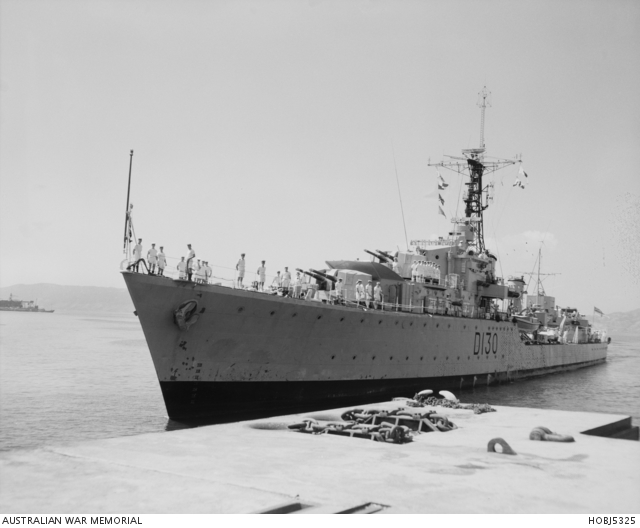 Kure, Japan. 23 September 1954. Port bow of the Destroyer HMAS Arunta ...