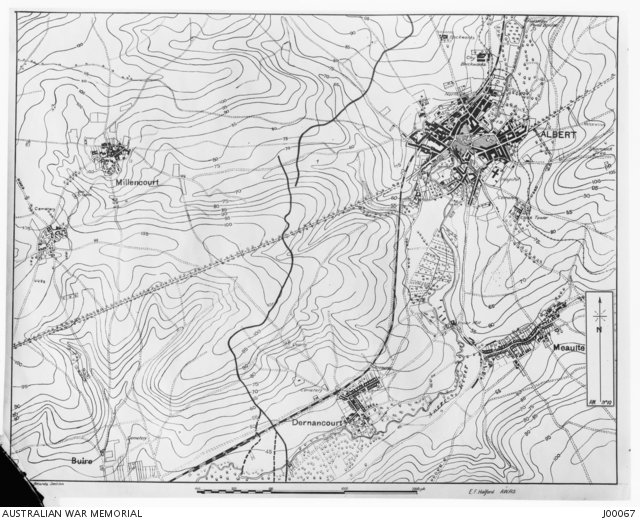 Contour map from Amiens to Pozieres. Somme position, Section 1, Albert ...