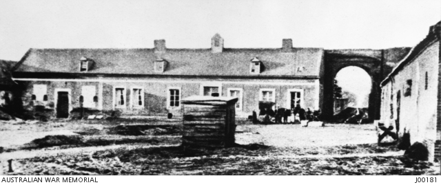 Exterior view of Mouquet Farm, before its destruction by shellfire ...