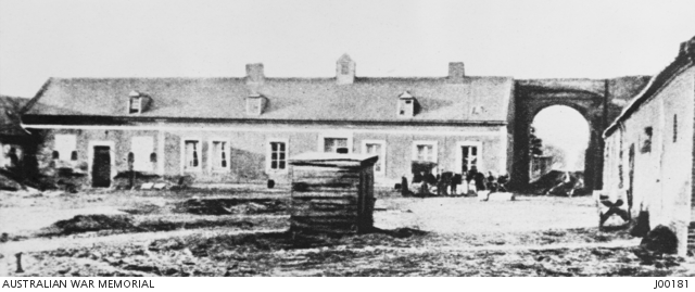 Exterior view of Mouquet Farm, before its destruction by shellfire ...