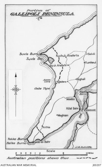 Map of a portion of Gallipoli Peninsula, showing Australian positions ...