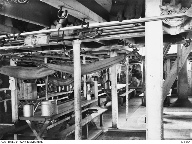 Hammocks in the mess room aboard the ship RMS Mooltan en route to ...