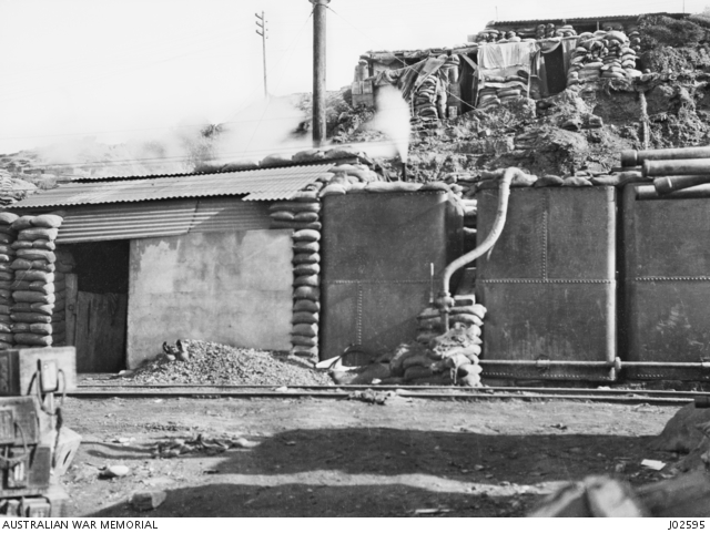 WATER TANKS AND PUMPING PLANT ON ANZAC BEACH IN 1915-12. THE WATER WAS ...