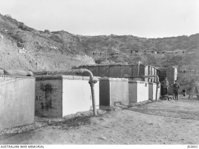 THE MAIN WATER SUPPLY TANKS IN ANZAC GULLY, IN 1915-12. WATER WAS ...