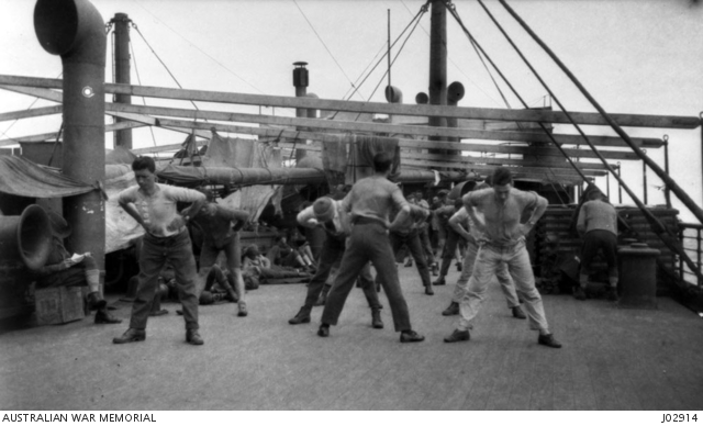 PHYSICAL TRAINING ABOARD THE S.S. "ORCA" WHEN RETURNING TO AUSTRALIA ...