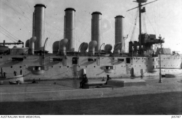A 'Cressy' class cruiser, probably HMS Sutlej, HMS Bacchante, or HMS ...