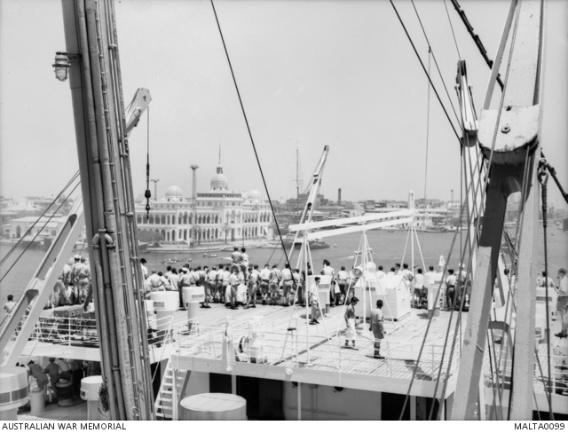 Members of 78 Fighter Wing RAAF stand on the deck of SS Asturias as it ...