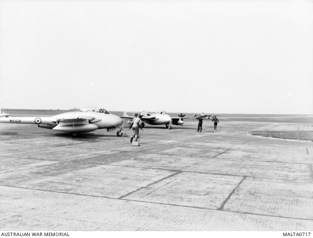 Ground staff and Vampire fighter aircraft of 78 Fighter Wing RAAF on ...