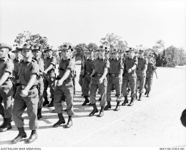 Wacol, Qld. 17 September 1966. Eyes left, as troops of 101 Field ...