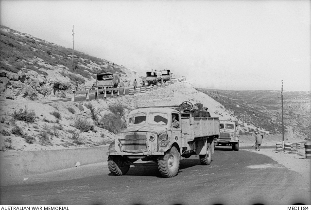 Cyrenaica, Libya. c. 1943. RAAF vehicles travelling on the Derna and ...