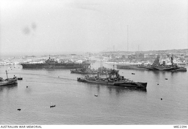 View of the Valletta harbour, showing HMS Warspite (rear left) and HMS ...