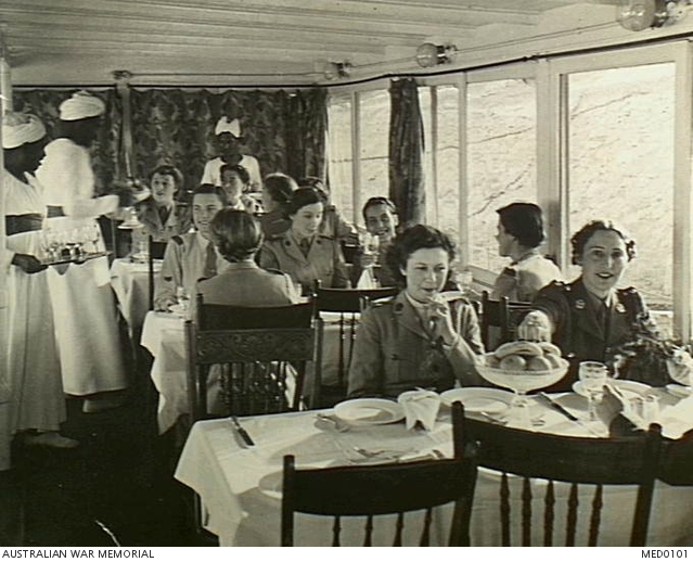 Cairo, Egypt. c. 1942. The dining room on the houseboat billet moored on the River Nile and ...