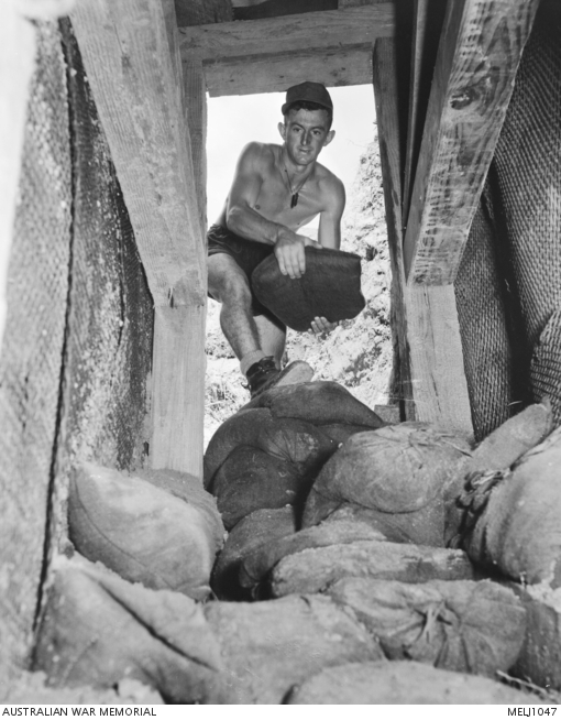Reinforcing a bunker entrance in the Australian positions on the Korean ...