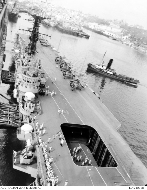 The aircraft carrier HMAS Melbourne, prepares to depart Garden Island ...