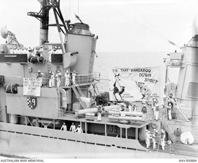 The Summner class destroyer, USS Lyman K Swenson (DD729) in a jackstay ...