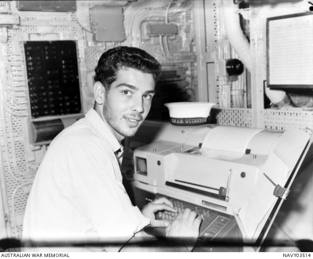 Radio Operator Roger O'Donnell of Nelson Bay, NSW operates a Teletype ...