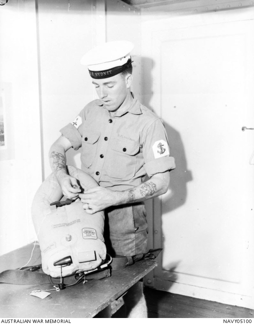Leading Airman Barry Flanagan of Nowra, NSW inspects a life jacket ...