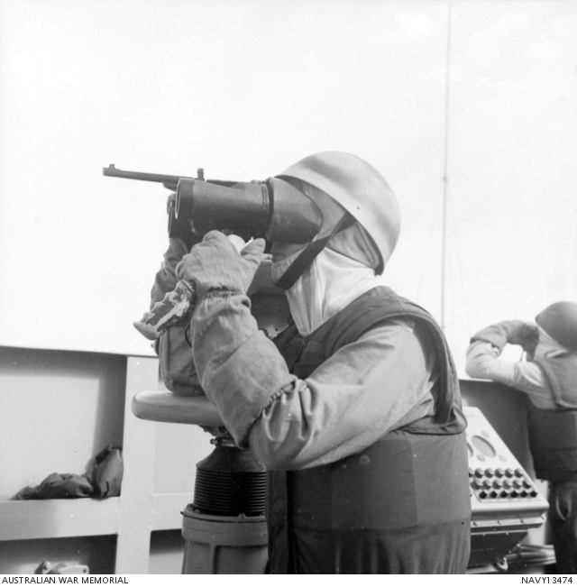 Able Seaman J Skene, R63049 at action stations manning the port Target ...
