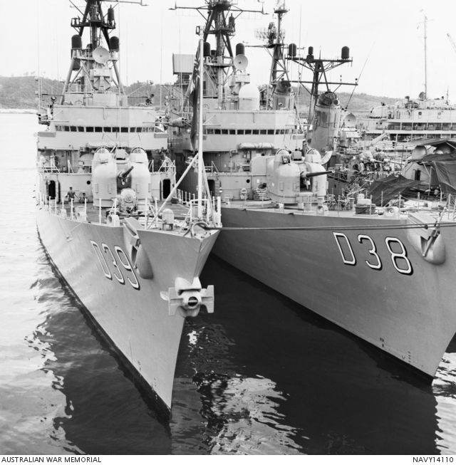 HMAS Hobart D39 (1965-2000), ties up outboard of her sister ship HMAS ...