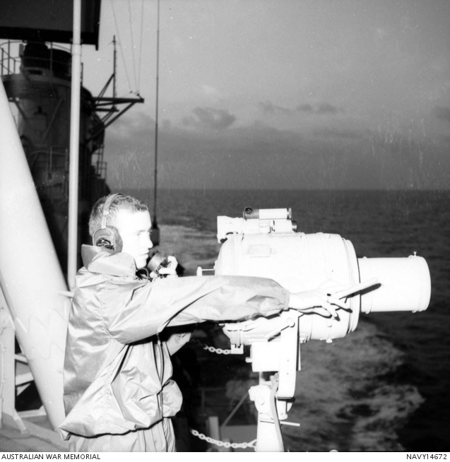 The RAN guided missile destroyer HMAS Perth (II) D38 is engaged in ...