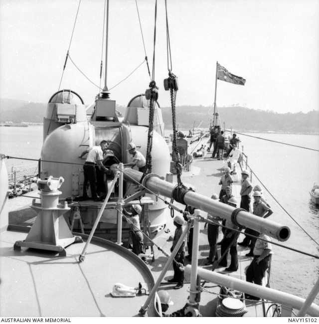 The RAN guided missile destroyer HMAS Perth (II) D38, serving with the ...