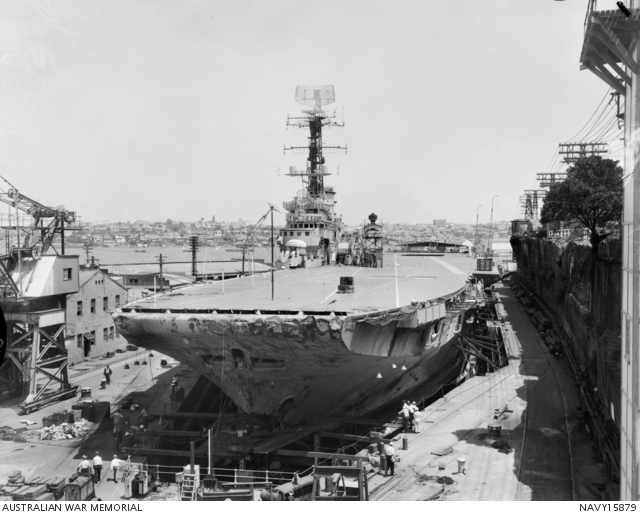 View of the damage to the bow of the RAN aircraft carrier HMAS ...