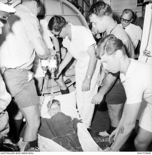 Mark Primmer, aged 9, of Hughes, ACT, is in a recompression chamber at ...