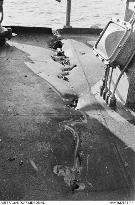 HMAS Hobart (II) at Subic Bay naval base, Philippines, after being hit ...