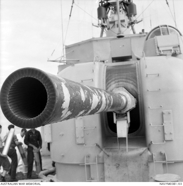 Mount 51 five inch gun on the RAN guided missile destroyer HMAS ...