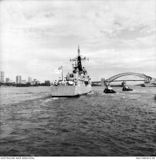 The RAN destroyer HMAS Vendetta (II) returns to Sydney, after being ...