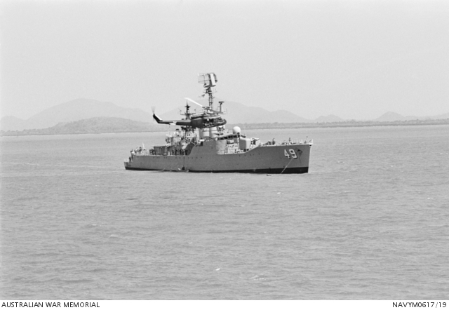 RAN River class destroyer escort HMAS Derwent D49 in Vung Tau harbour ...