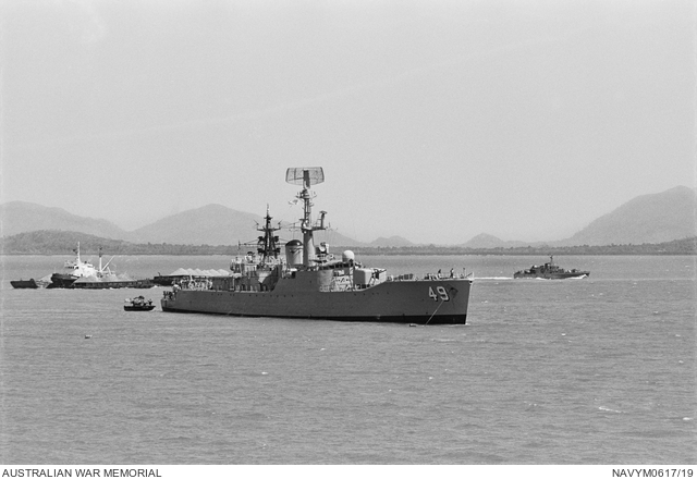 RAN River class destroyer escort HMAS Derwent D49 in Vung Tau harbour ...
