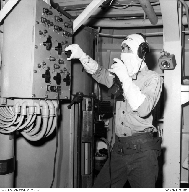 R104916 Able Seaman Fire Control (ABFC) Colin Billingsley works as a P5 ...