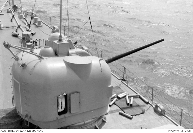 The RAN guided missile destroyer Hmas Brisbane (II) D41fires its 5 inch ...