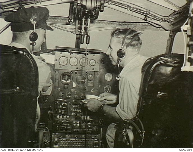 Qld. 1944-09-18. Interior of "bridge" (cockpit) of Martin PBM Mariner ...
