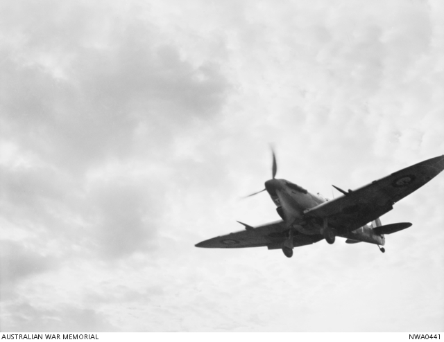 Darwin area, NT. 1943. A Supermarine Spitfire aircraft coming in to ...