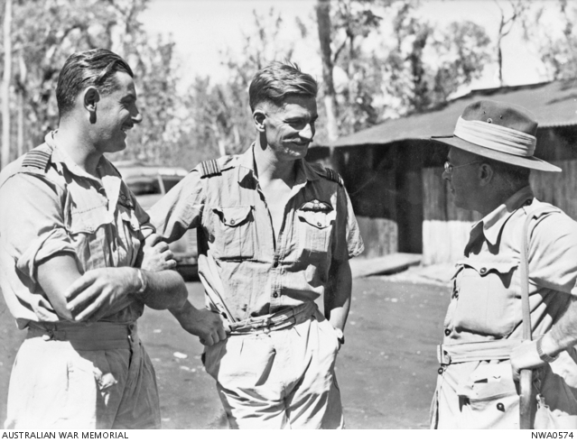 Hughes, NT. c. July 1944. Two RAAF members at a North West base talking ...