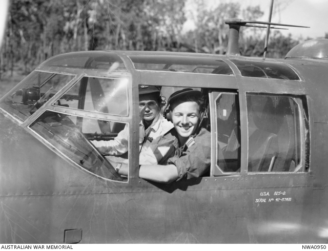 Hughes, NT. 1945-07-19. Pilots of a North American B-25 Mitchell bomber ...