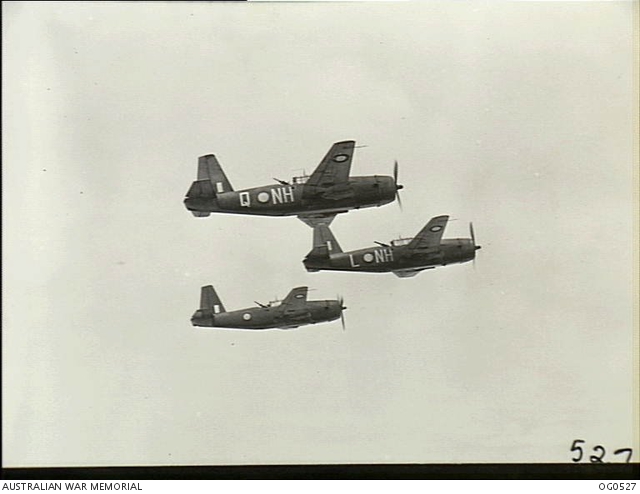 Formation of three Vultee Vengance dive bombers of No 12 Squadron, RAAF ...