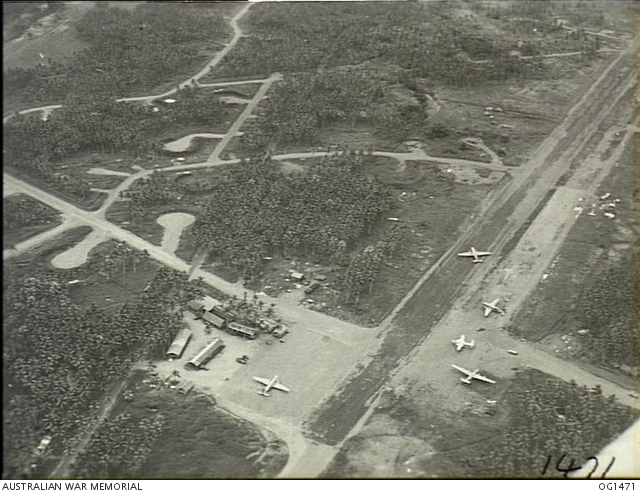 MILNE BAY, PAPUA. C. 1944-02. AERIAL VIEW OF GURNEY AIRFIELD, ONE OF THE BUSIEST AIRSTRIPS IN ...
