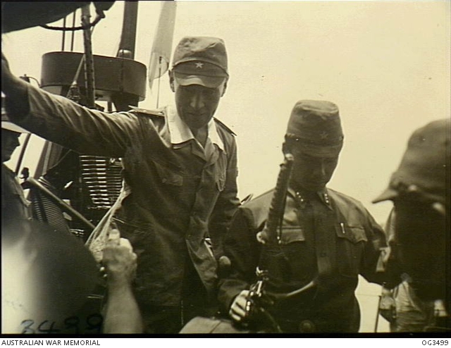 KUCHING, SARAWAK. 1945-09-11. JAPANESE ENVOYS COMING ABOARD HMAS ...