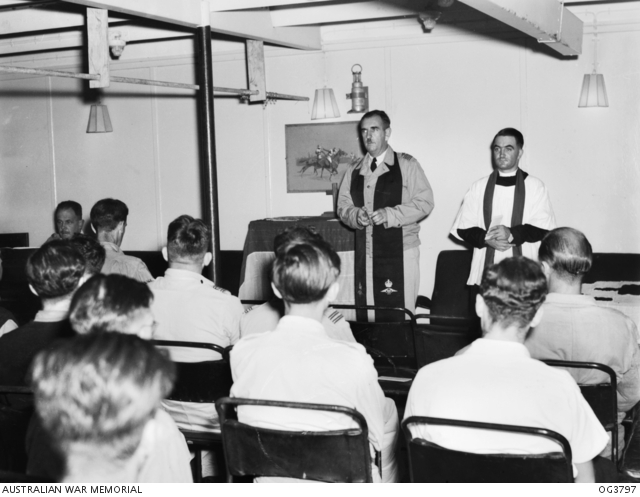 AT SEA EN ROUTE FROM LABUAN. C. 1946-02-19. SQUADRON LEADER KEN BECKETT ...