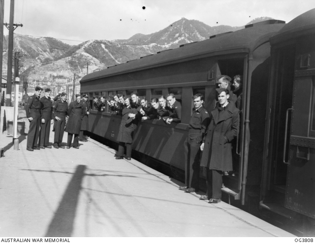 KURE, JAPAN. 1946-02-22. IN HIGH SPIRITS, FIRST MEN FROM NO. 81 FIGHTER ...
