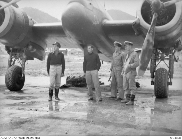 BOFU, JAPAN. 1946-03-16. CREWS OF THE FIRST TWO BEAUFIGHTER AIRCRAFT OF ...