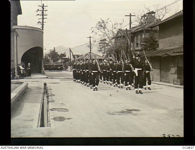 BOFU, JAPAN. 1946-04-25. IN FULL BATTLE ORDER AND WITH FIXED BAYONETS ...