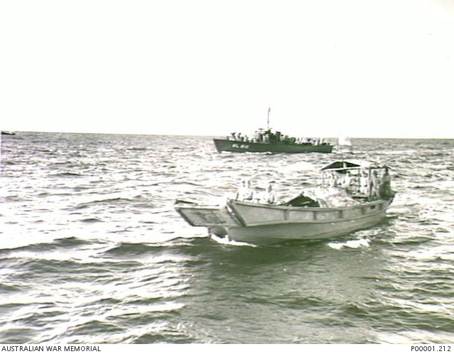 THE SOLOMON ISLANDS, 1945-08-19. JAPANESE BARGE FROM BUIN BAY ...