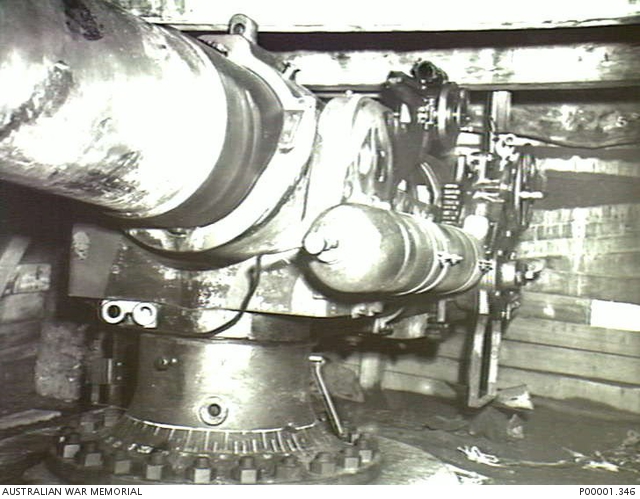 NEW BRITAIN, 1945-09. AN INTERIOR VIEW OF A JAPANESE NAVAL GUN POSITION ...