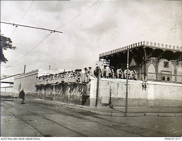 Cairo, Egypt. 10 January 1916. A line of recuperating soldiers sit on a ...